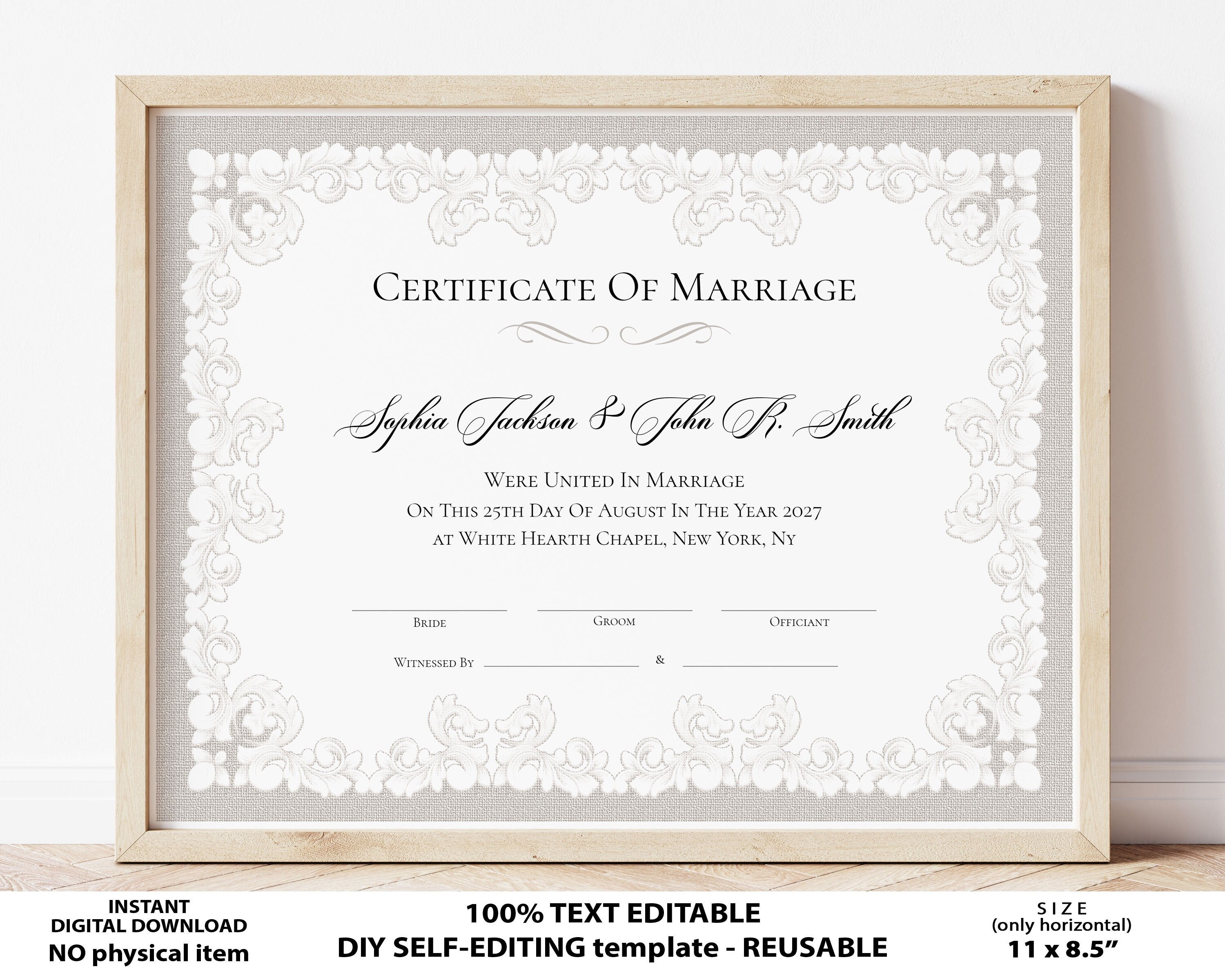 Romantic Wedding Certificate Template Editable Printable - Etsy