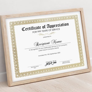 Editable Years of Service Certificate of Appreciation - Etsy