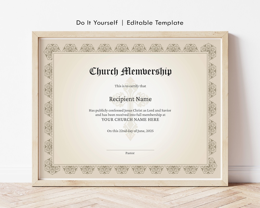 Church Membership Certificate Template, Editable Printable Certificate ...
