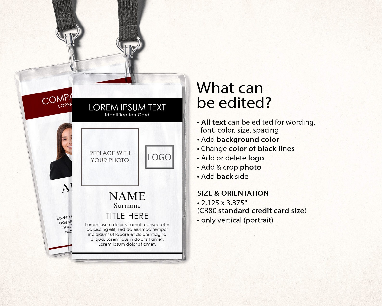 Editable Photo ID Card Template Printable ID Badge | Etsy