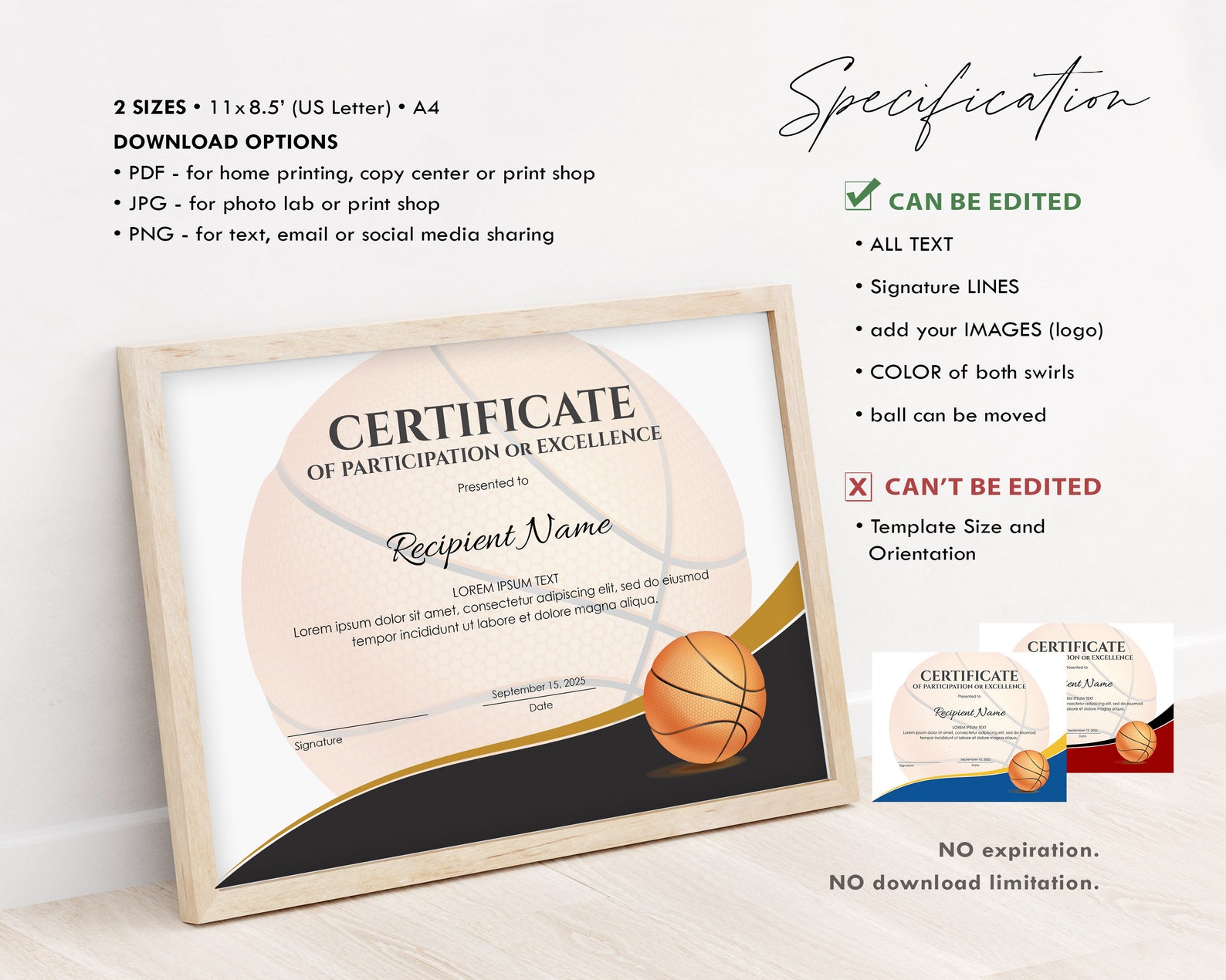 Editable Basketball Certificate Template Sports Certificate - Etsy