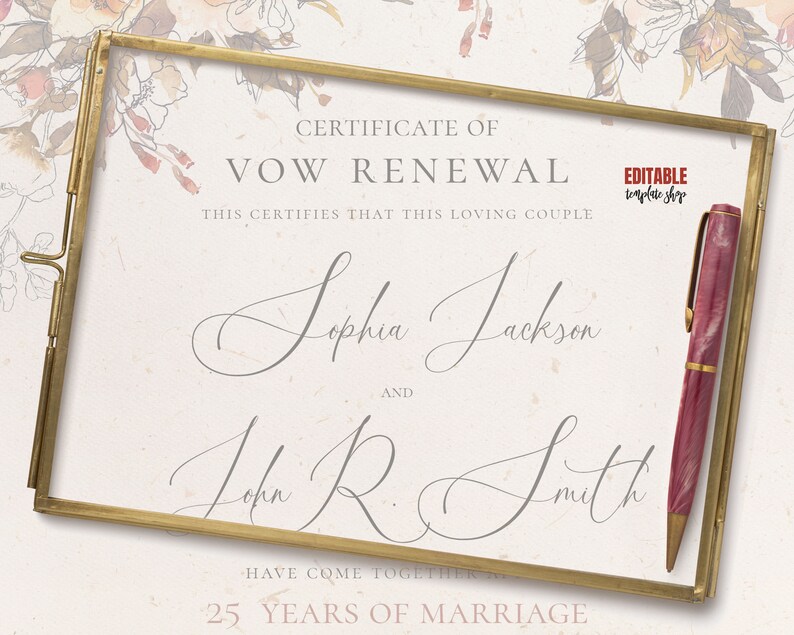 Boho Floral Vow Renewal Certificate Template Watercolor - Etsy