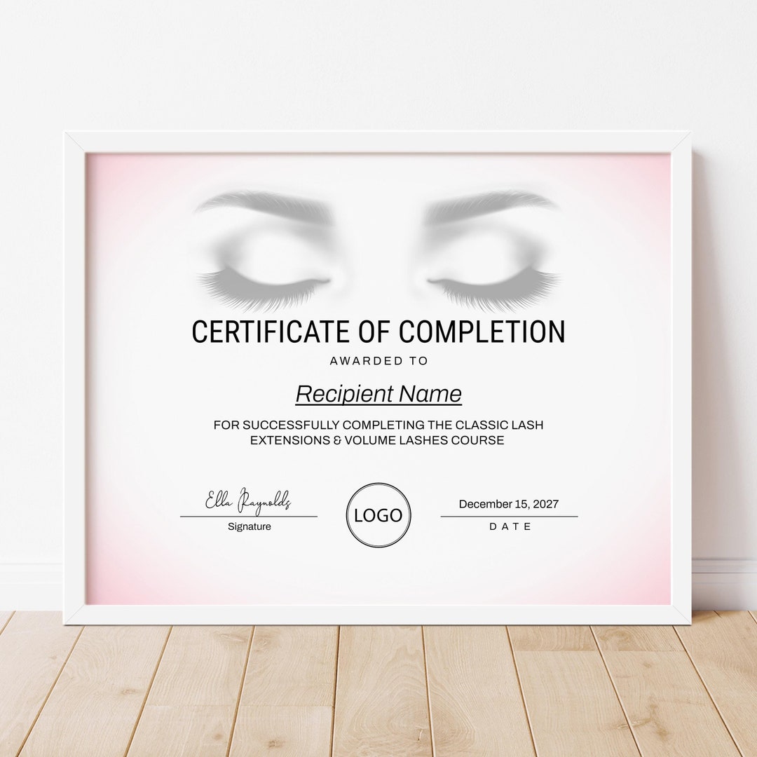 Certificate of Completion Eyelash Extension EDITABLE Printable Lashes ...