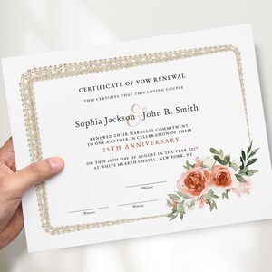 Elegant Vow Renewal Certificate Template, Printable Marriage Commitment ...