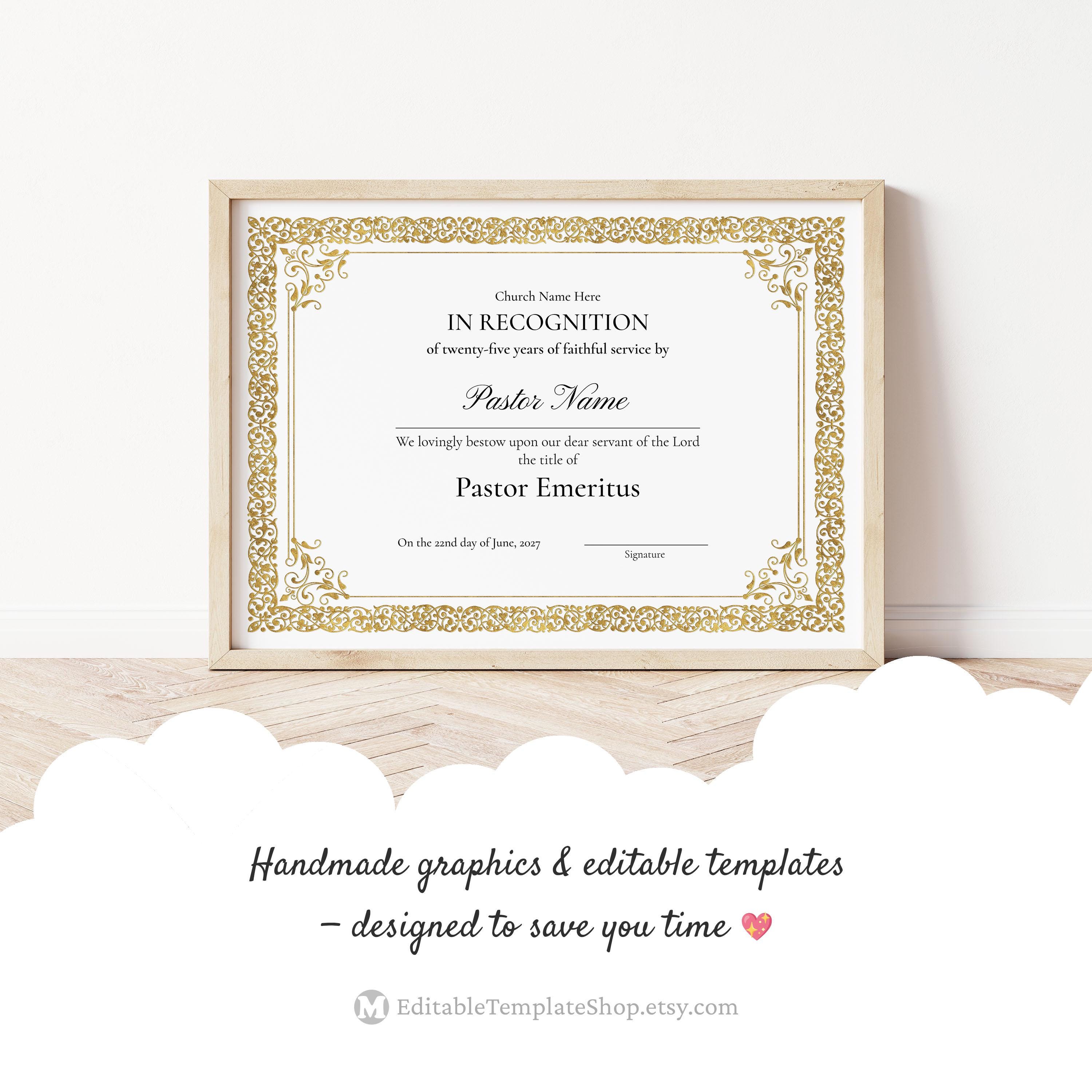 Pastor Emeritus Church Recognition Certificate Template, Church Award ...