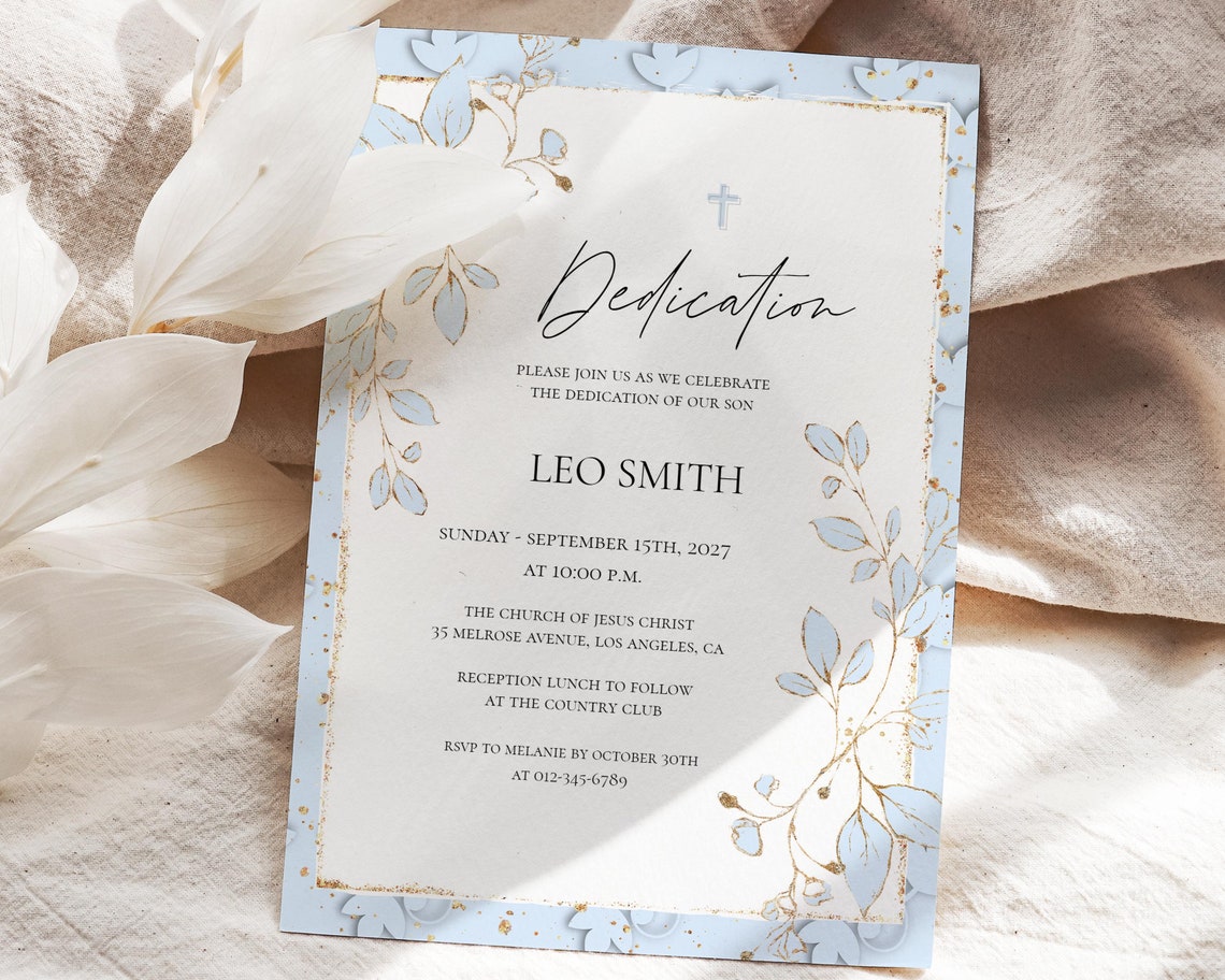 Dedication Invitation Template, Baptism Invitation, Gold Blue Baptism ...