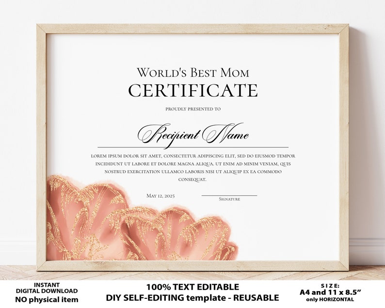 Editable Best Mom Award Certificate Template Gift for Mothers | Etsy