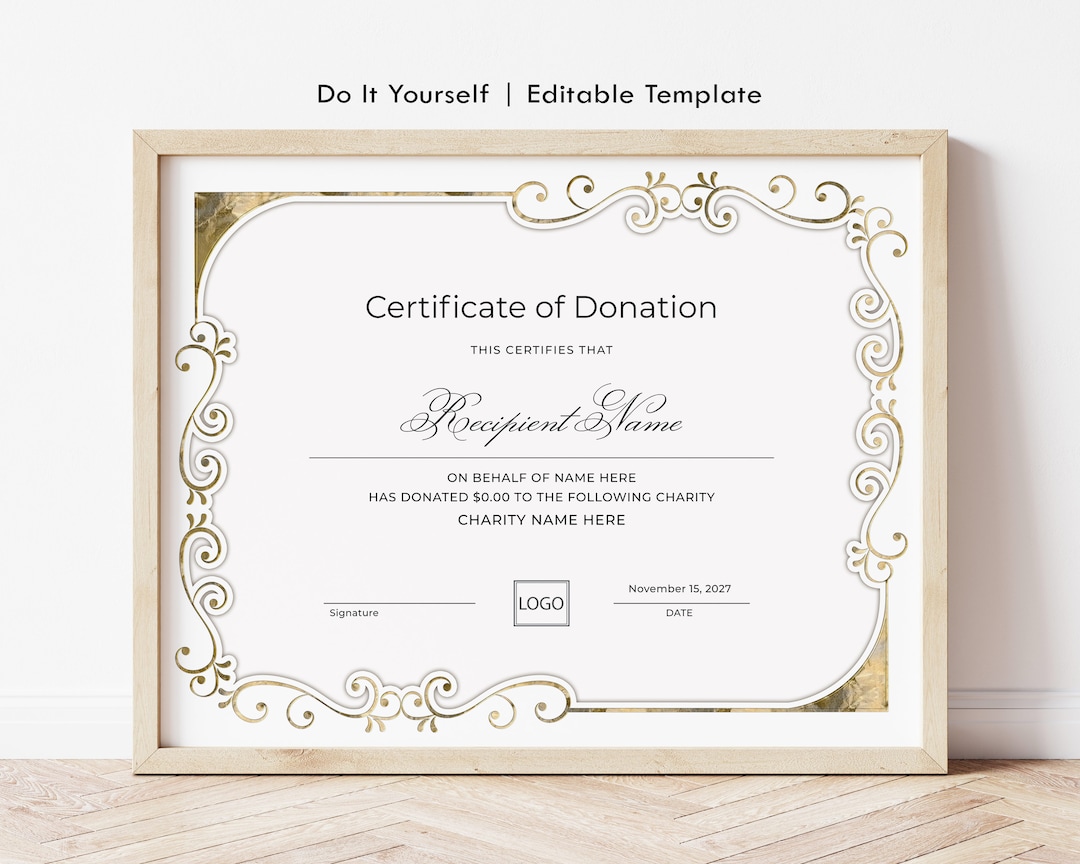 Editable Certificate of Donation Template, Printable Charity Donation ...