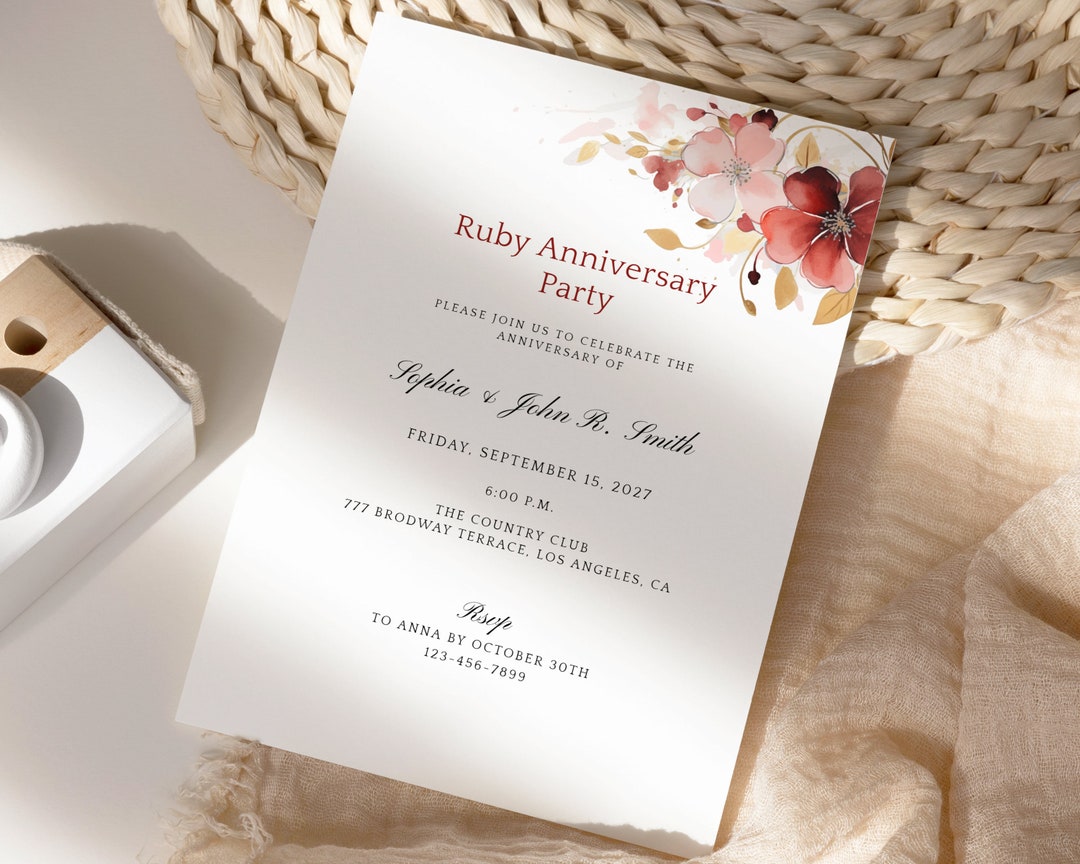 Ruby Wedding Anniversary Invitation Template, 40th Anniversary Party ...
