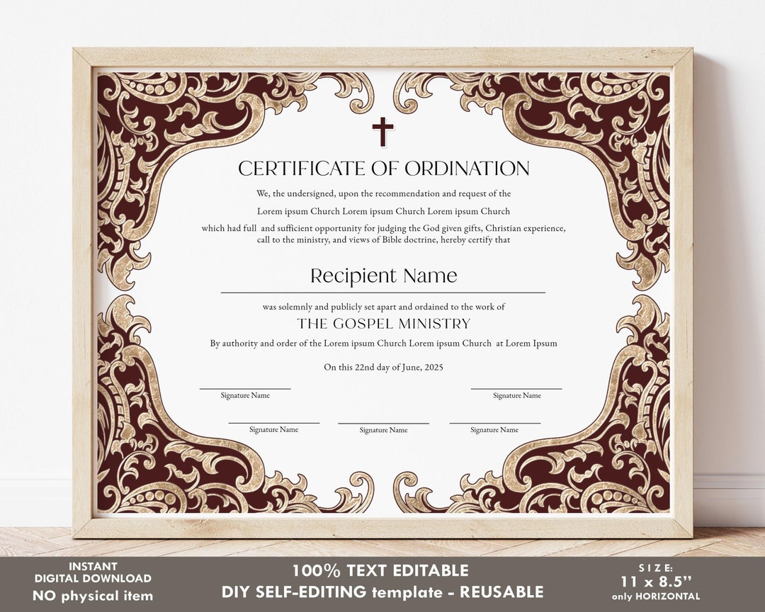 Editable Ordained Minister Certificate Template, Certificate of ...