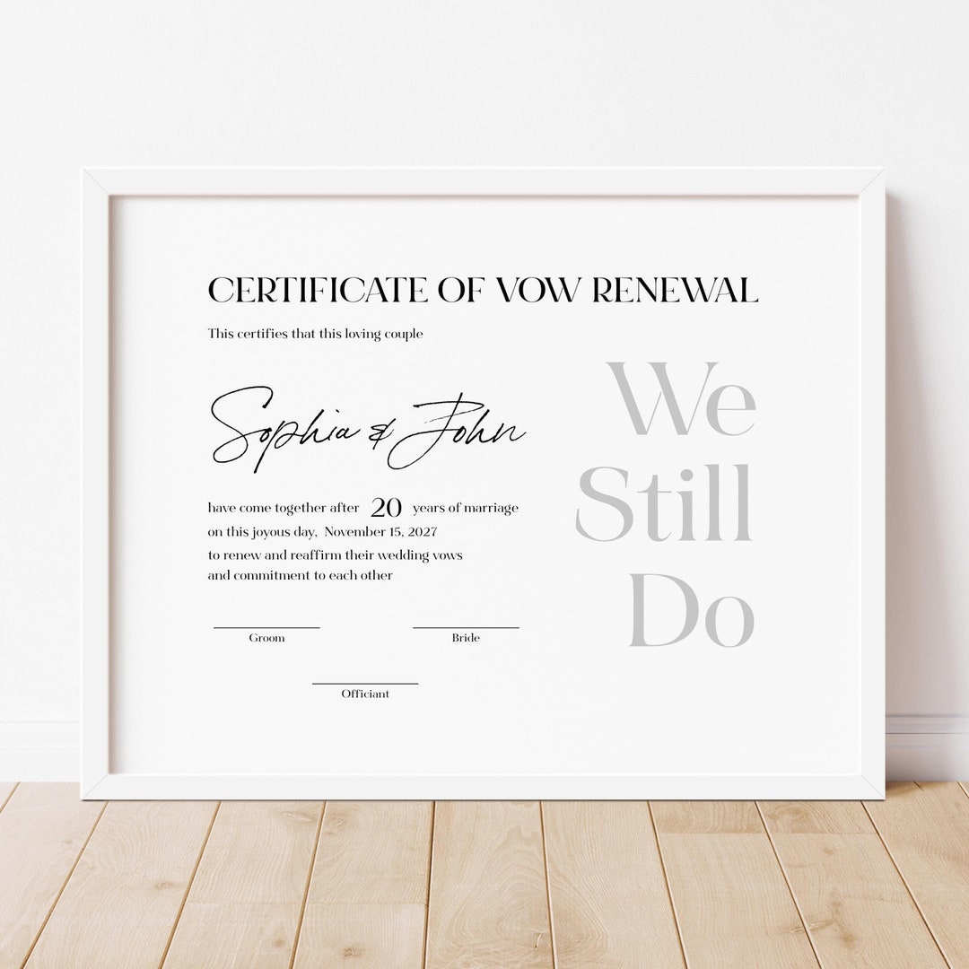 Vow Renewal Certificate Template, Wedding Anniversary Keepsake, Renewal ...