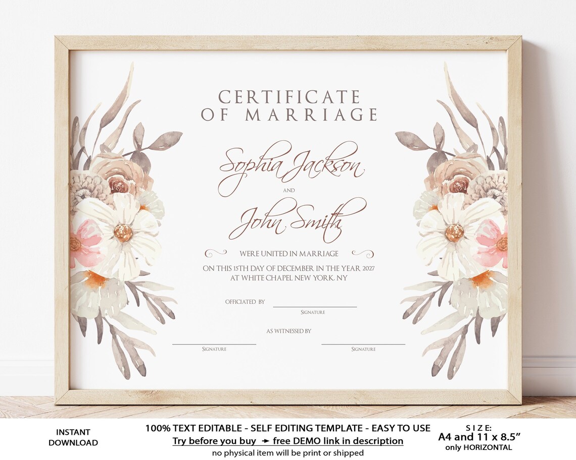 Editable Marriage Certificate Template Printable Certificate - Etsy