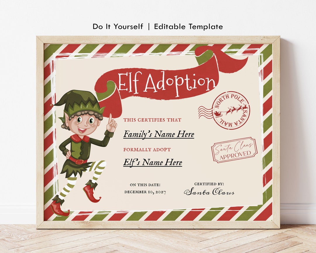 Christmas Elf Certificate of Adoption, Elf Adoption Certificate ...
