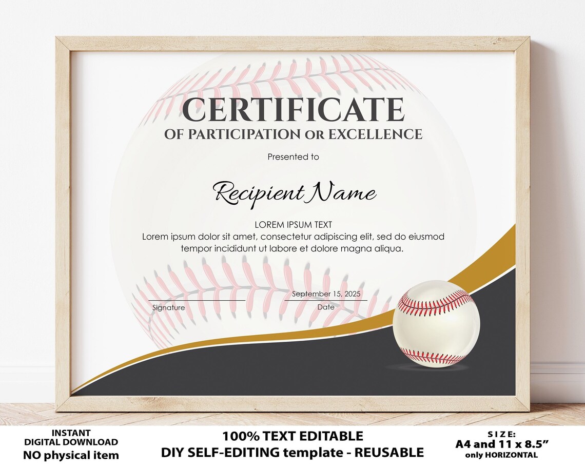 Editable Baseball Certificate Template Sports Certificate - Etsy