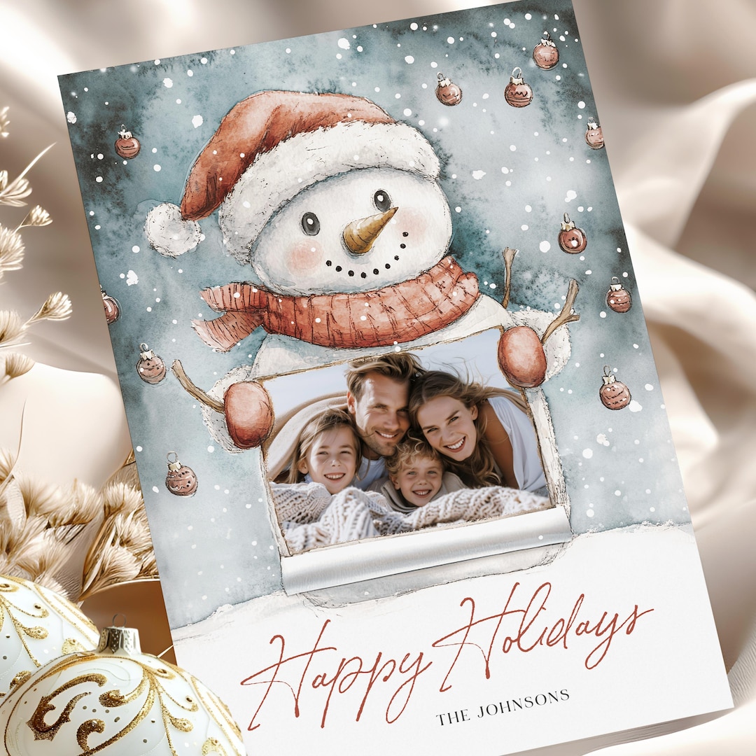 Editable Holiday Card Template, Snowman Christmas Photo Card ...