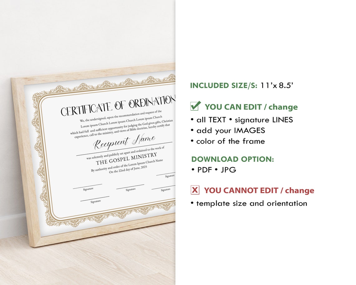 Editable Ordained Minister Certificate Template, Elegant Certificate of ...