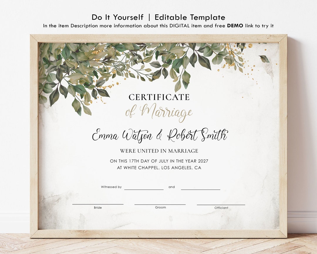 Whimsical Marriage Certificate, Editable Printable Wedding Certificate ...