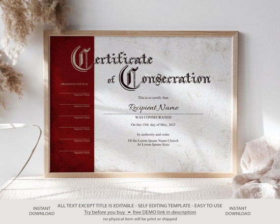 Editable Certificate of Consecration Template Printable - Etsy