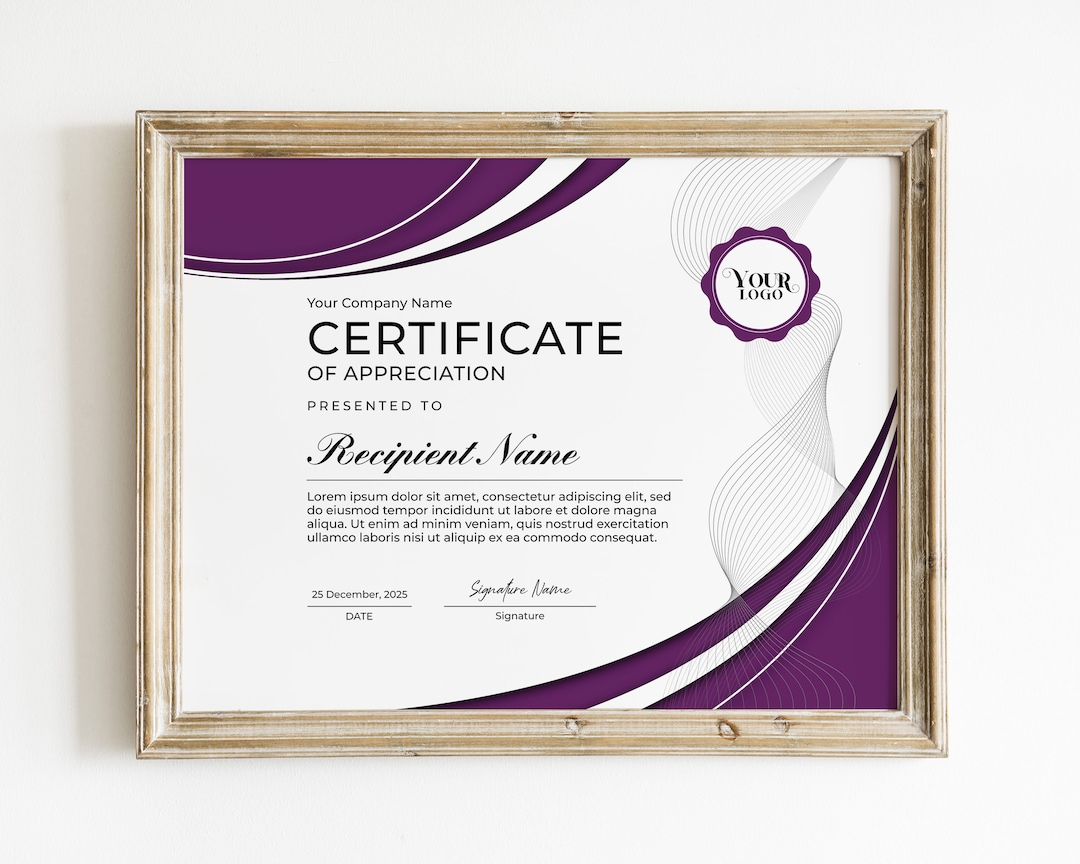Purple Certificate of Appreciation EDITABLE Appreciation - Etsy