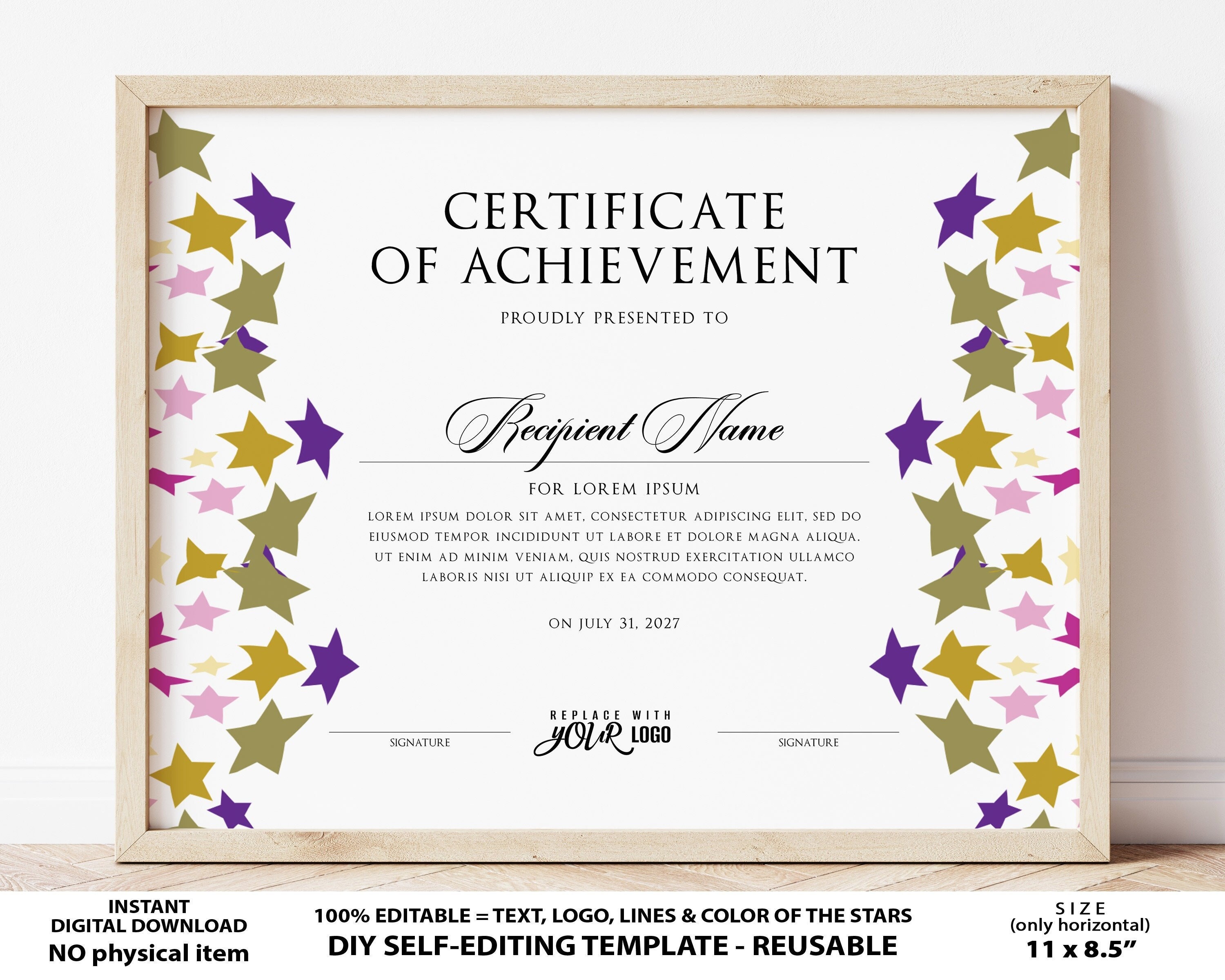 Certificate of Achievement Editable Certificate Template - Etsy
