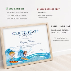 EDITABLE Surf Certificate Template, Surf School Award for Kids, Sports ...
