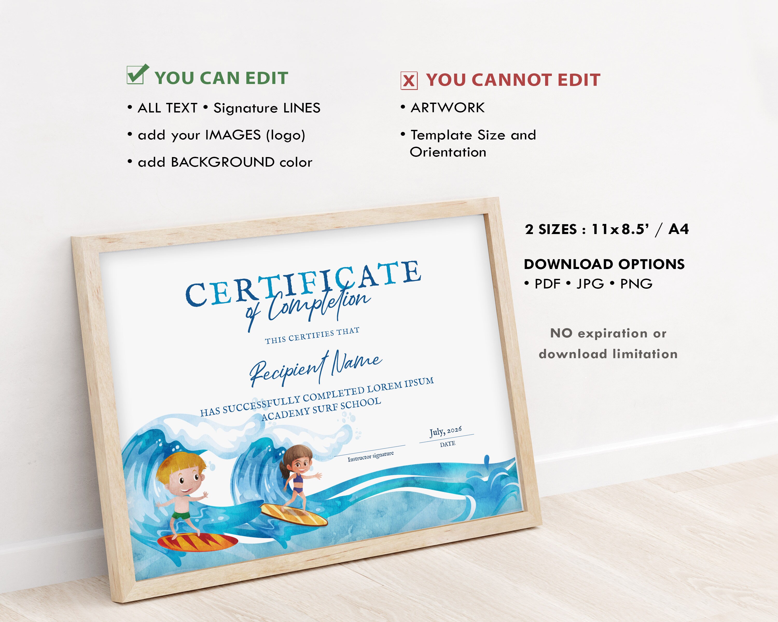 EDITABLE Surf Certificate Template Surf School Award for - Etsy Australia