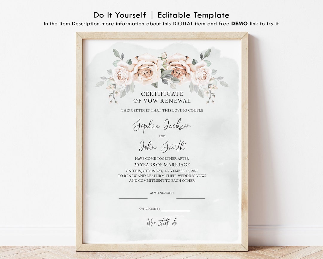 Vow Renewal Certificate Template, Editable Wedding Vow Renewal Gift ...