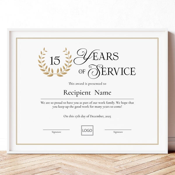 15 Years of Service Anniversary Award Certificate of Appreciation Employee - Etsy