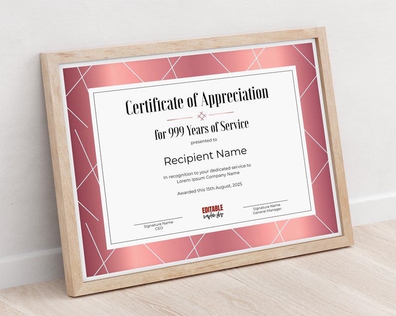 25 Years of Service EDITABLE Certificate of Appreciation - Etsy