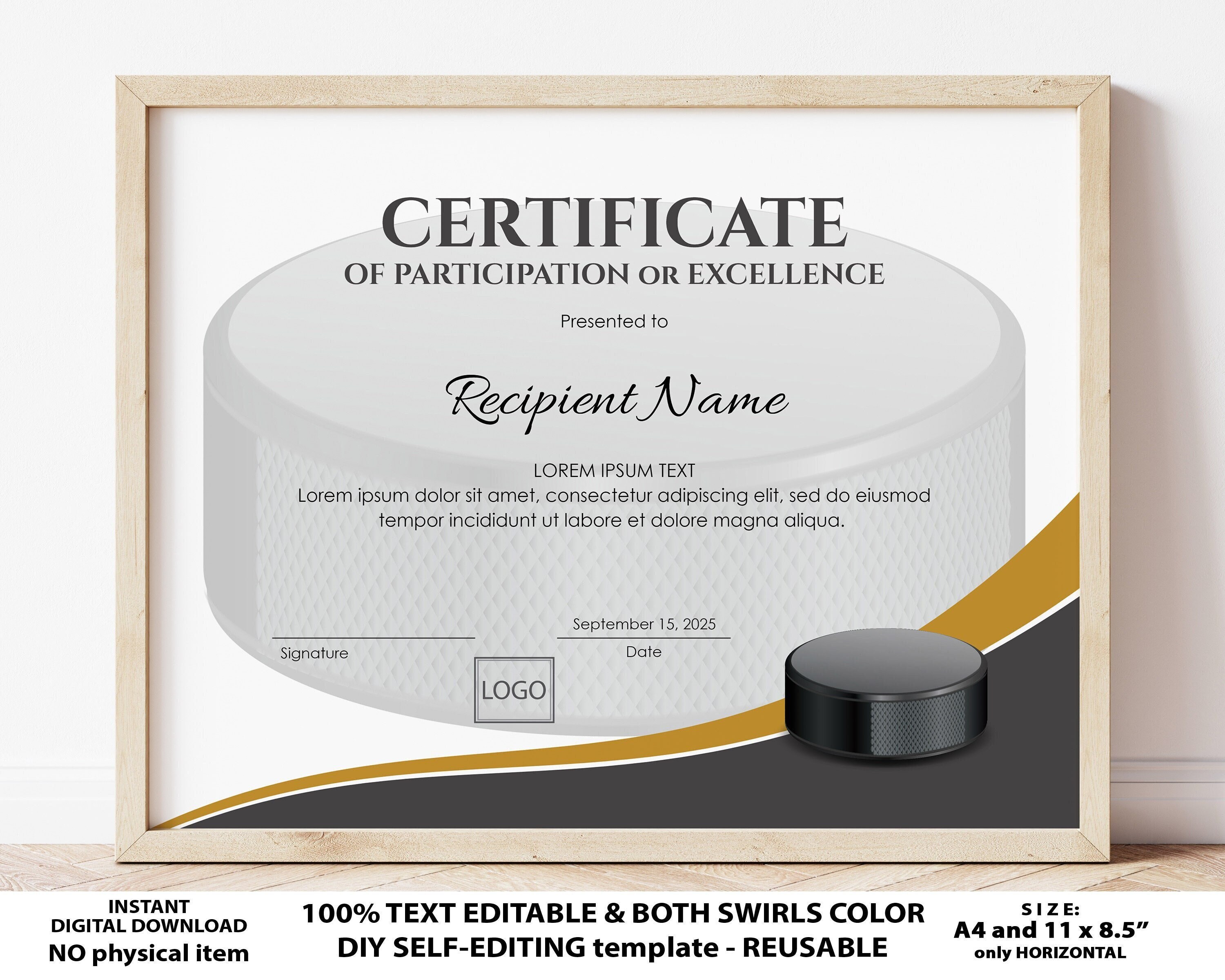 EDITABLE Hockey Certificate Template Sports Certificate - Etsy