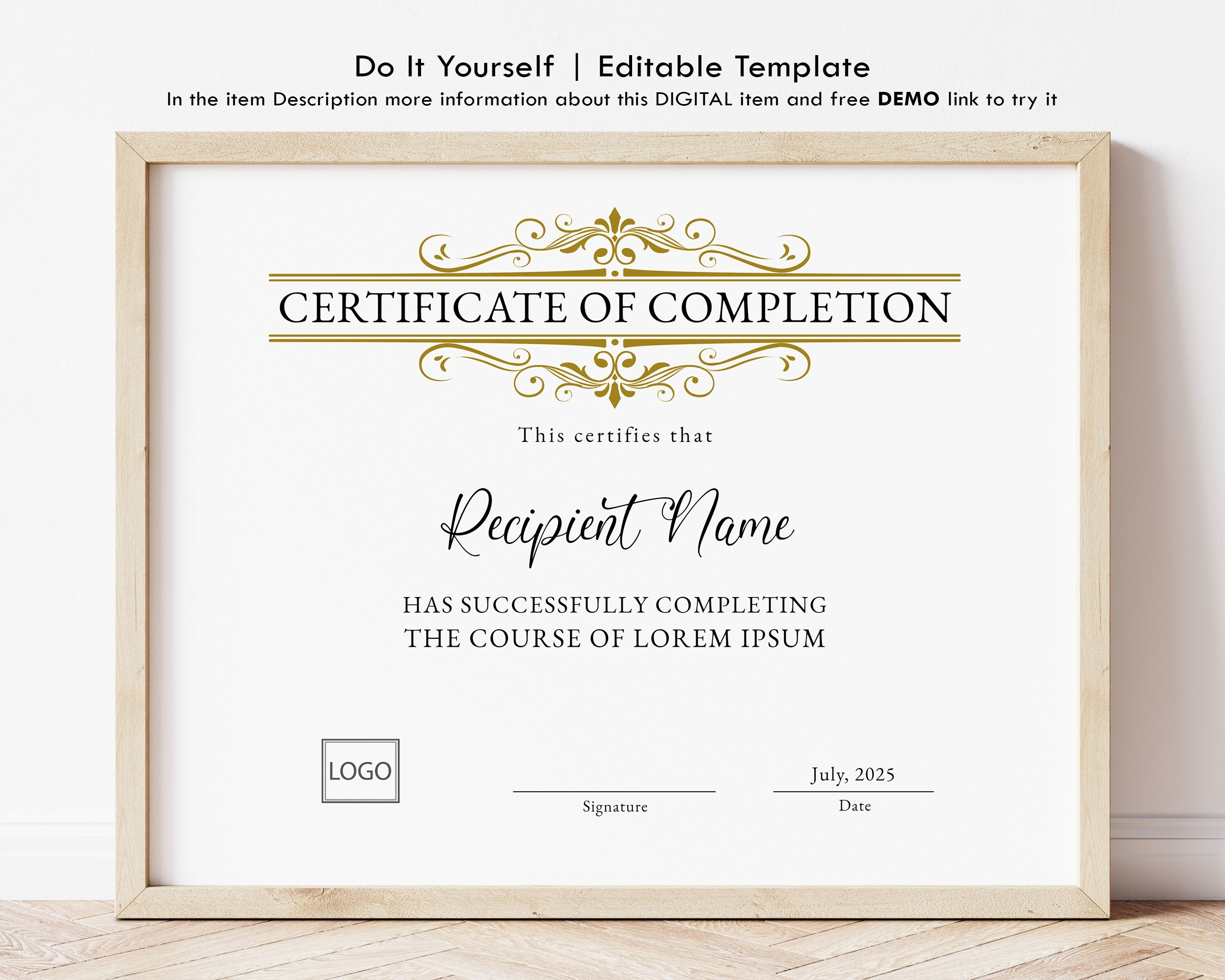 Editable Award Certificate of Completion Completion Template - Etsy ...