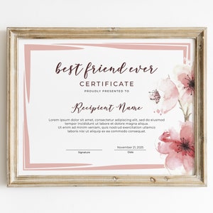 Editable Best Friend Forever Certificate Template, Personalized Gift ...