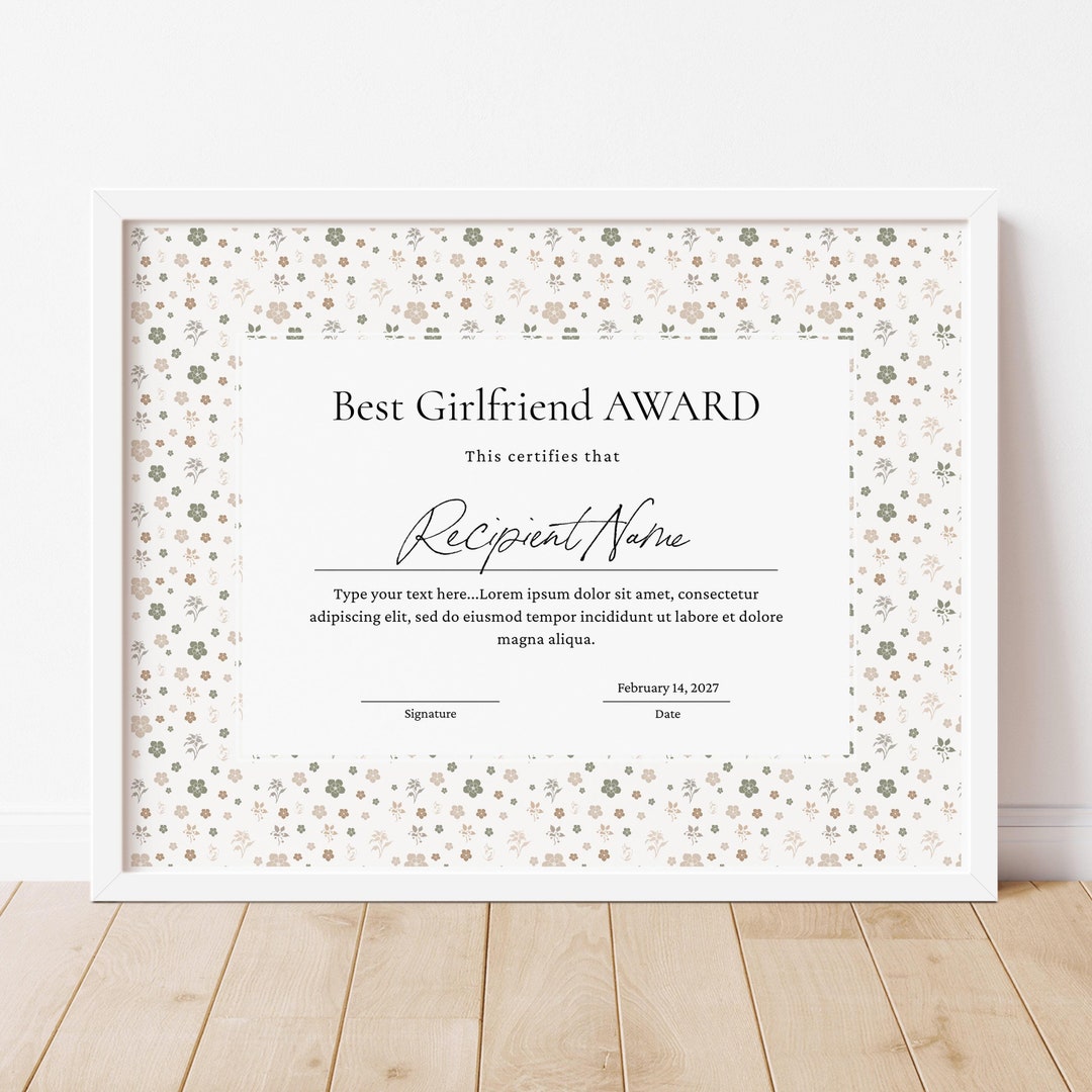 Best Girlfriend Ever Award Certificate Template, Valentine's Day Gift ...