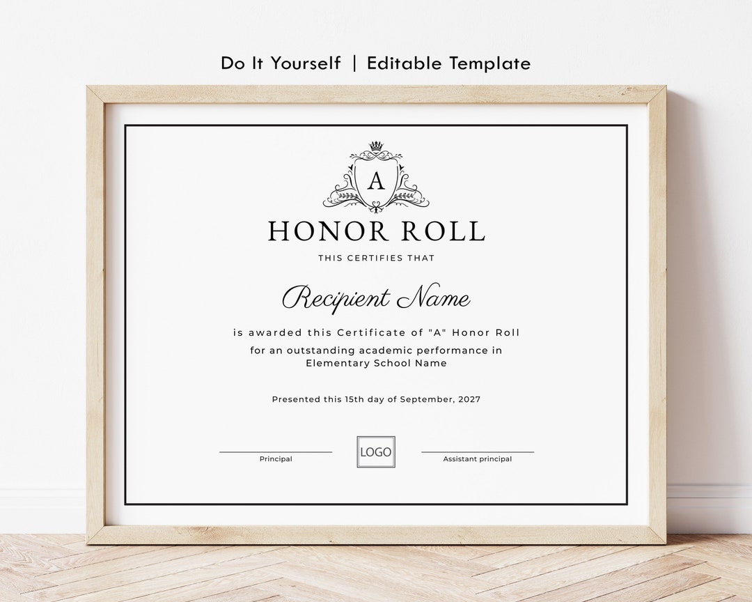 Editable Honor Roll Certificate Template, Elementary School Student ...