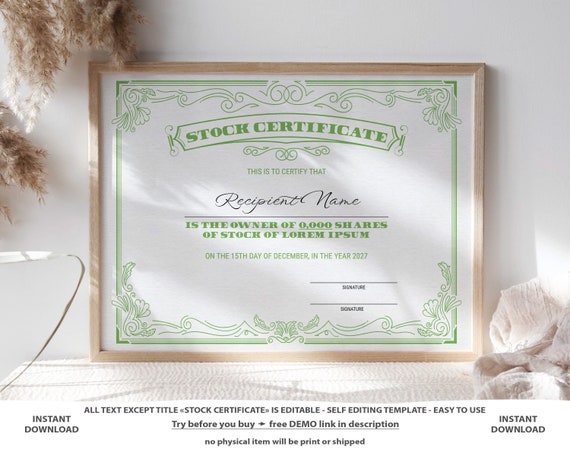 EDITABLE Stock Certificate Template Printable Certificate of | Etsy