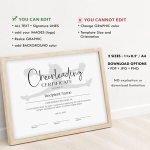 Cheerleading Participation Certificate Template, Editable Printable ...