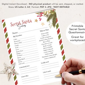 Secret Santa Form Questionnaire, PRINTABLE Secret Santa Survey, Gift ...