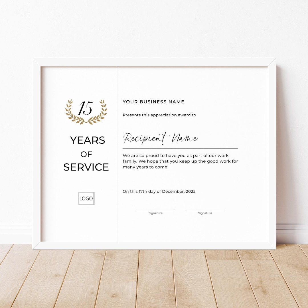 15 Years of Service Anniversary Award Certificate of Appreciation Employee Recognition EDITABLE ...