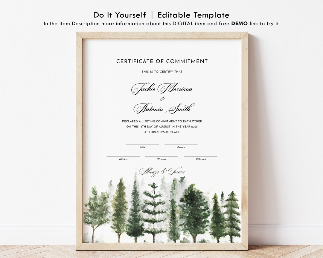 Commitment Ceremony Certificate Template, Editable Certificate of ...