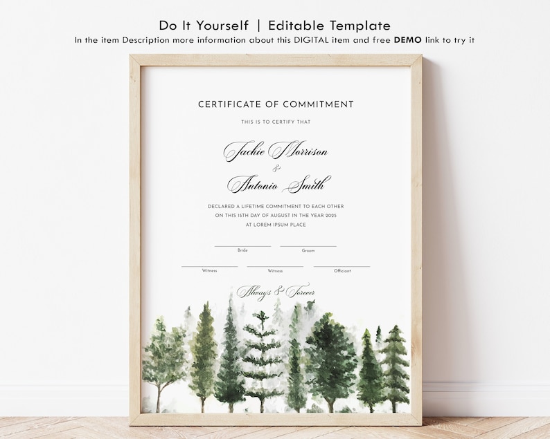 Commitment Ceremony Certificate Template Editable Certificate - Etsy