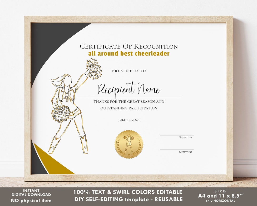 EDITABLE Cheerleader Certificate Template, Cheerleading Award ...