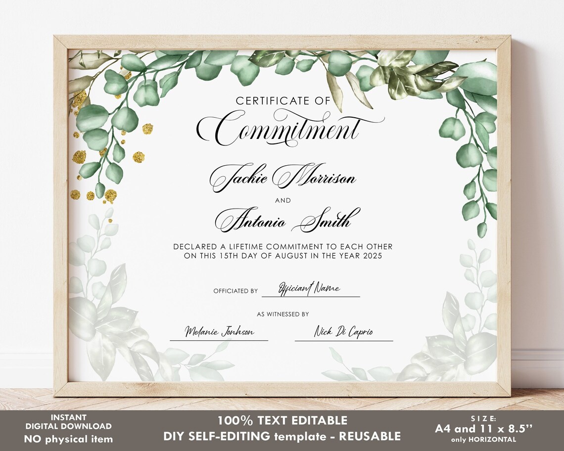 Certificate of Commitment Editable Printable Certificate - Etsy