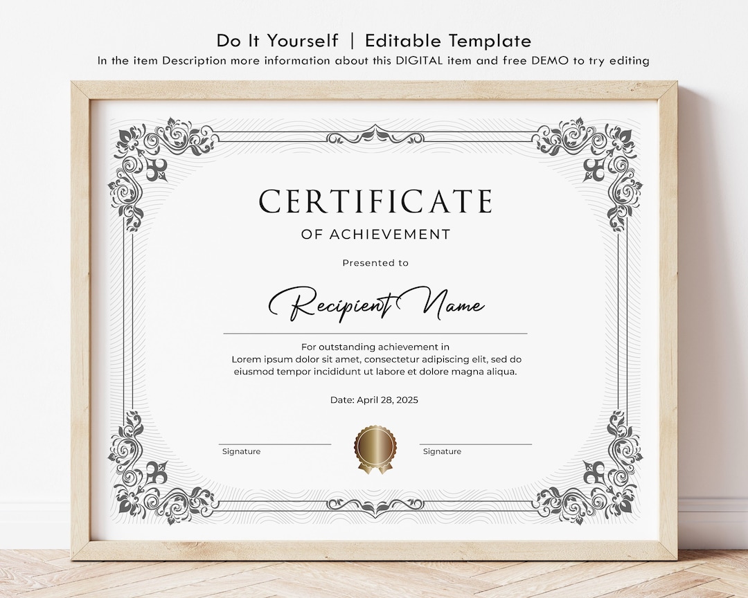 Certificate of Achievement, Editable Achievement Award Certificate ...
