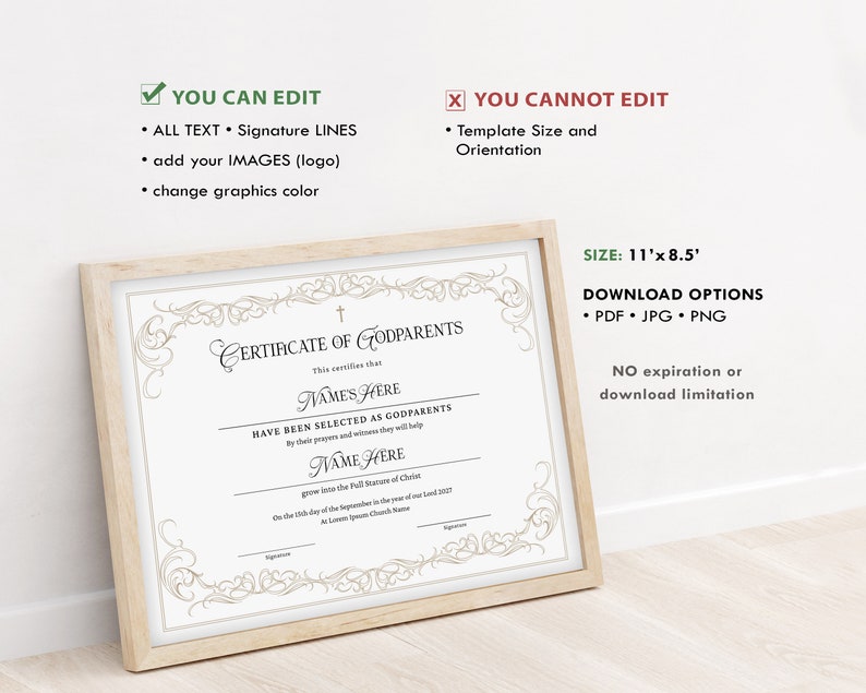 Editable Godparents Certificate Template Godmother Godfather - Etsy
