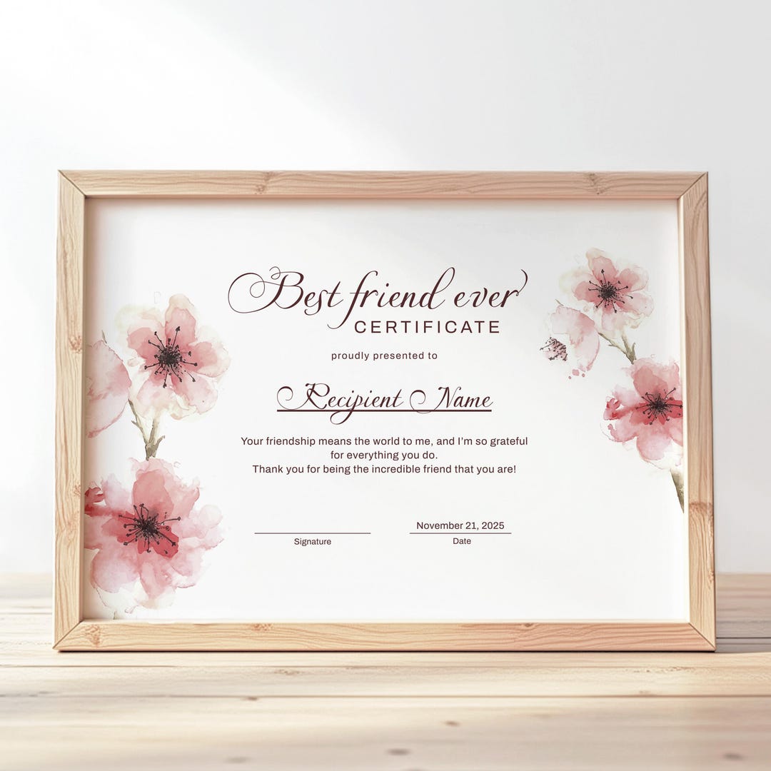 Editable Best Friend Forever Certificate Template, Personalized Gift ...