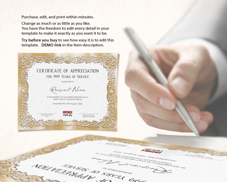 Certificate of Appreciation for Years of Service Printable - Etsy