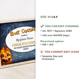 Editable Halloween Best Costume Certificate Template Halloween Costume ...