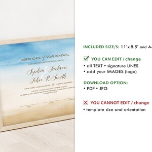 Beach Vow Renewal Certificate Template, Beach Ceremony Keepsake ...