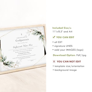 Editable Godparents Certificate Template Godparents Gift Christening ...