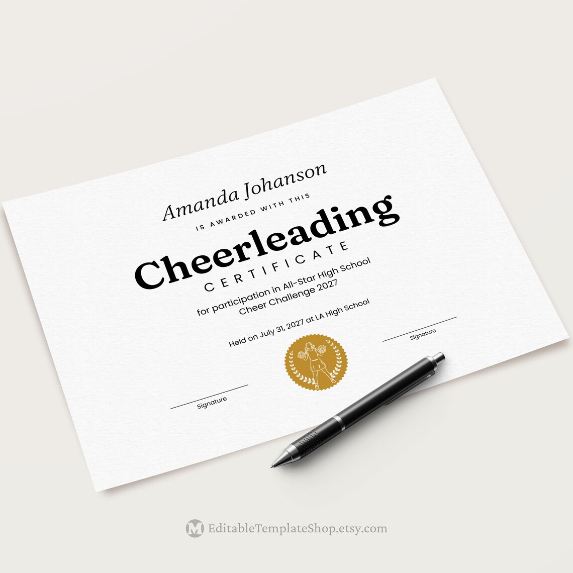 Cheerleading Certificate of Participation Printable Cheer Squad Award ...